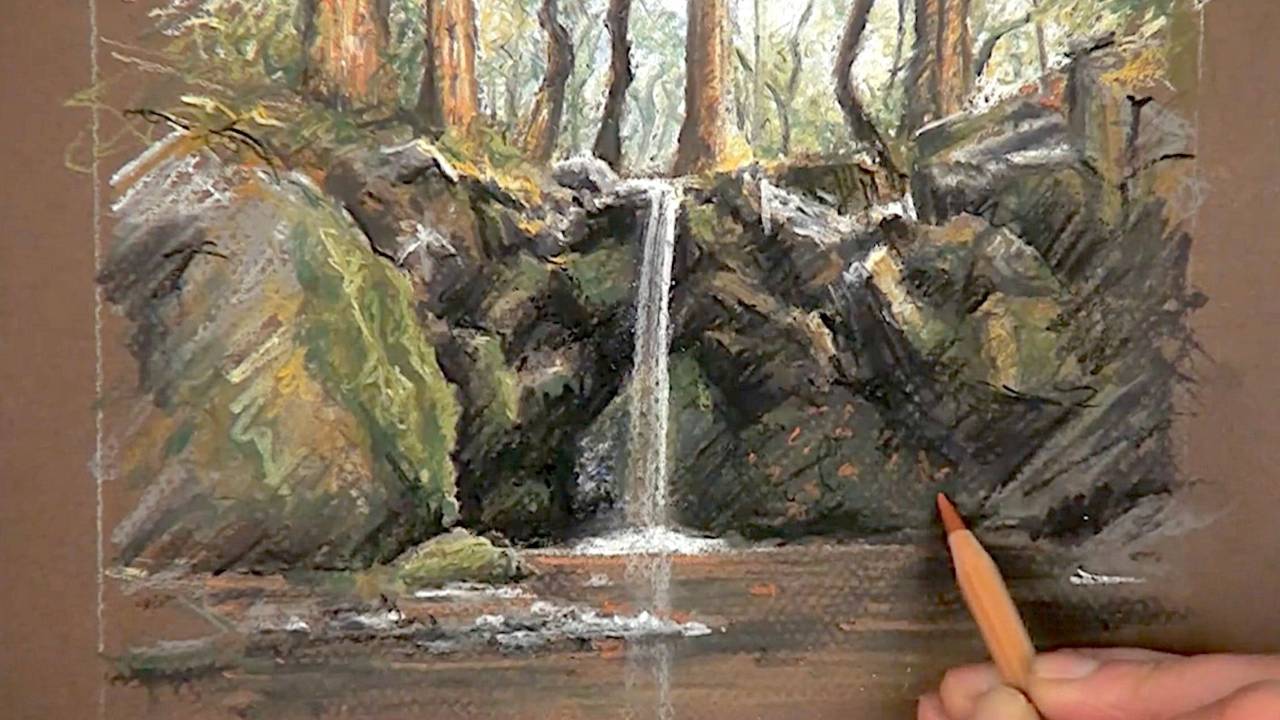 How to Sketch this Simple Waterfall inPastel Pencil