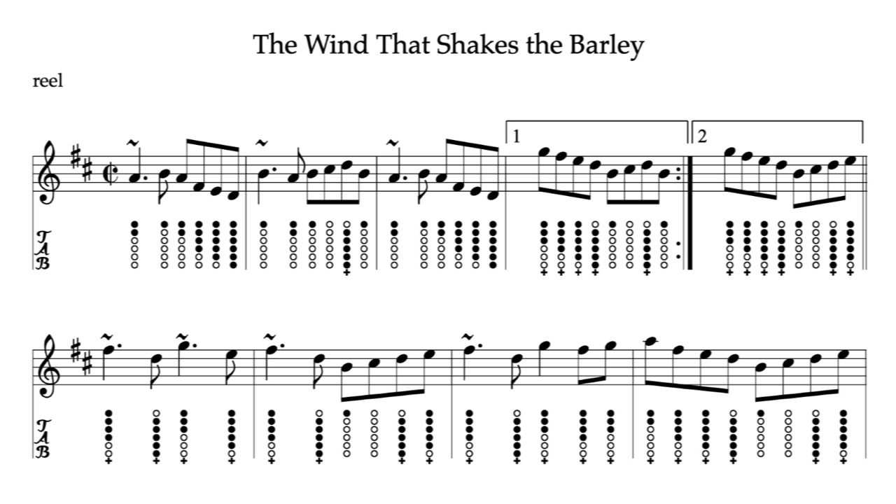 Wind That Shakes the Barley Tin Whistle Sheet Music Notes and Tab