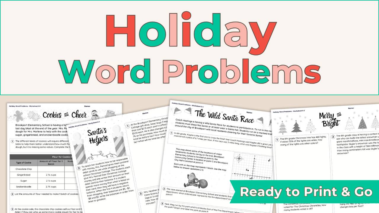 Free Holiday Word Problems Worksheet Set