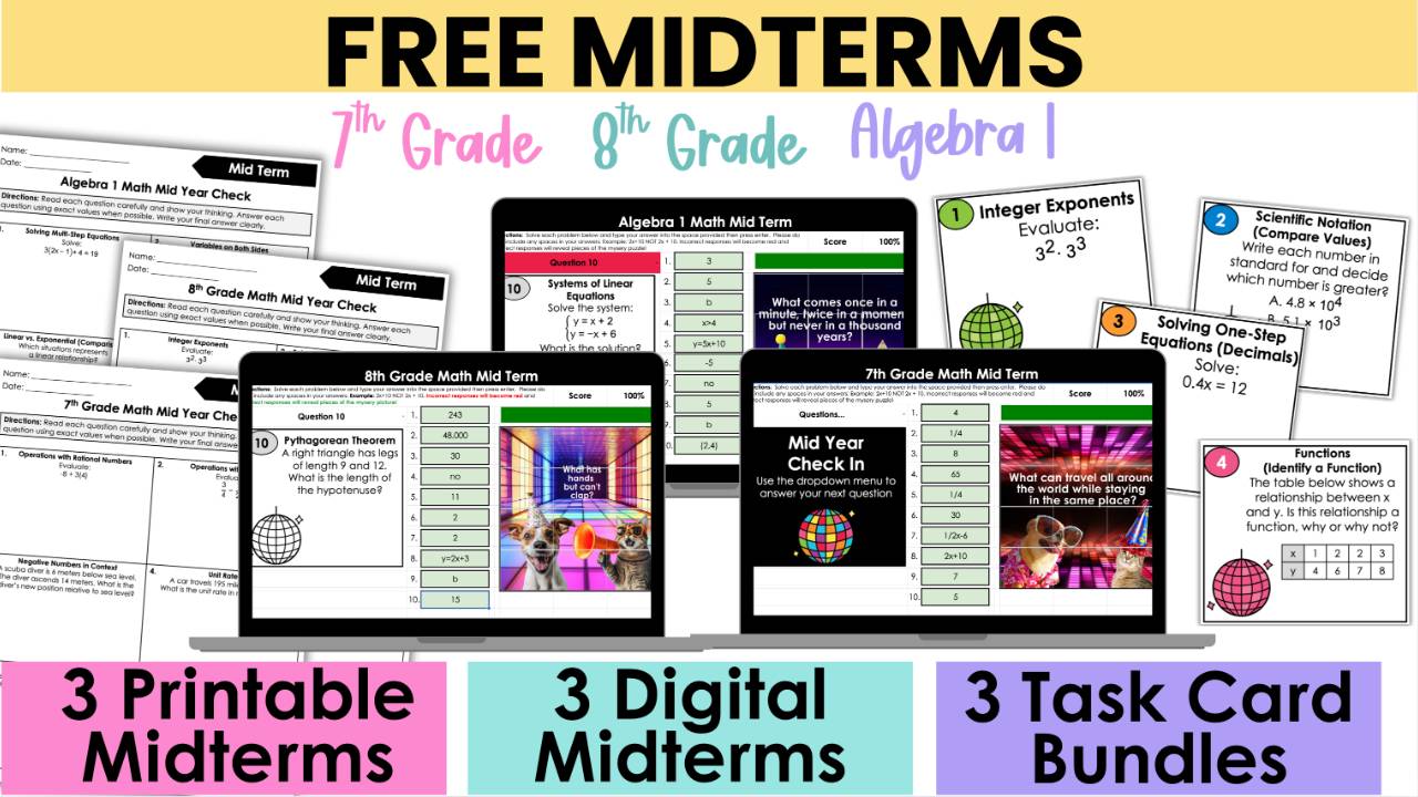 Free Midterms for 7th, 8th & Algebra 1 | Digital + Printable