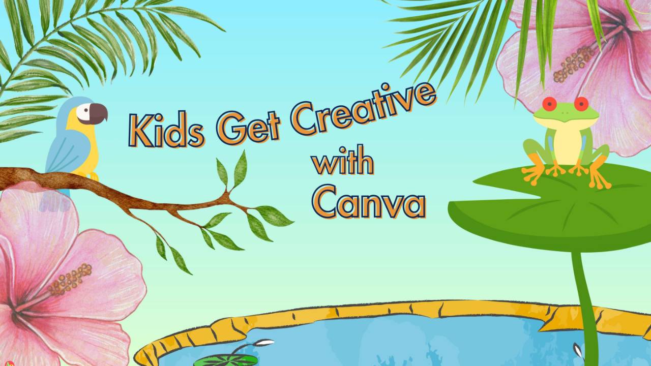 Kids learning Canva online, making technology time creative time.