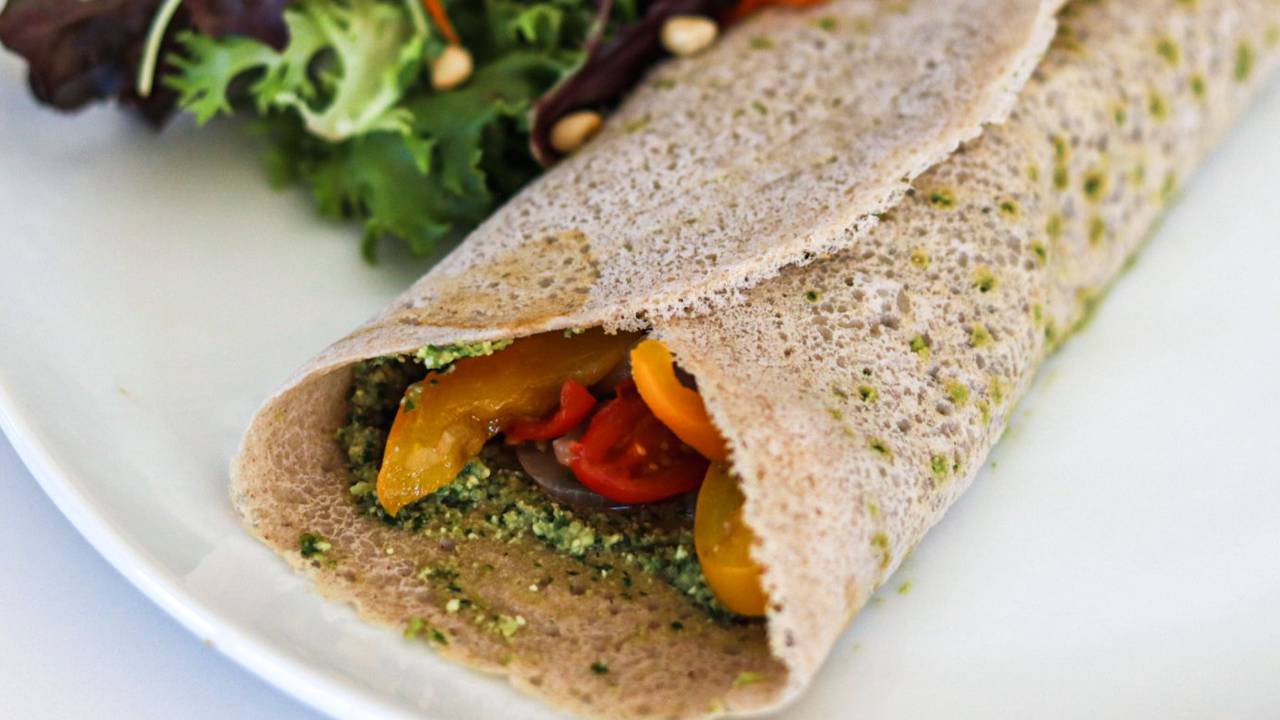 Summer Veggie Crepes with Oil-Free Pesto