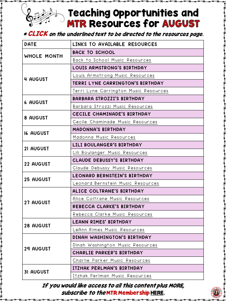 August Teaching Ideas and Resources for the Music Classroom
