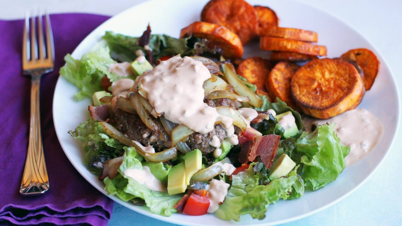 Deluxe Burger Salad with Bacon, Caramelized Onions, and Special Sauce