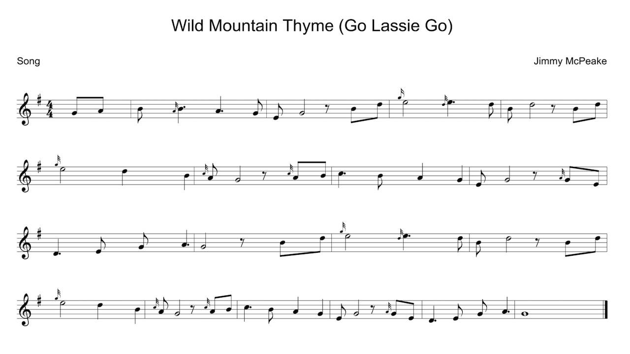 Wild Mountain Thyme (go lassie go) tin whistle sheet music