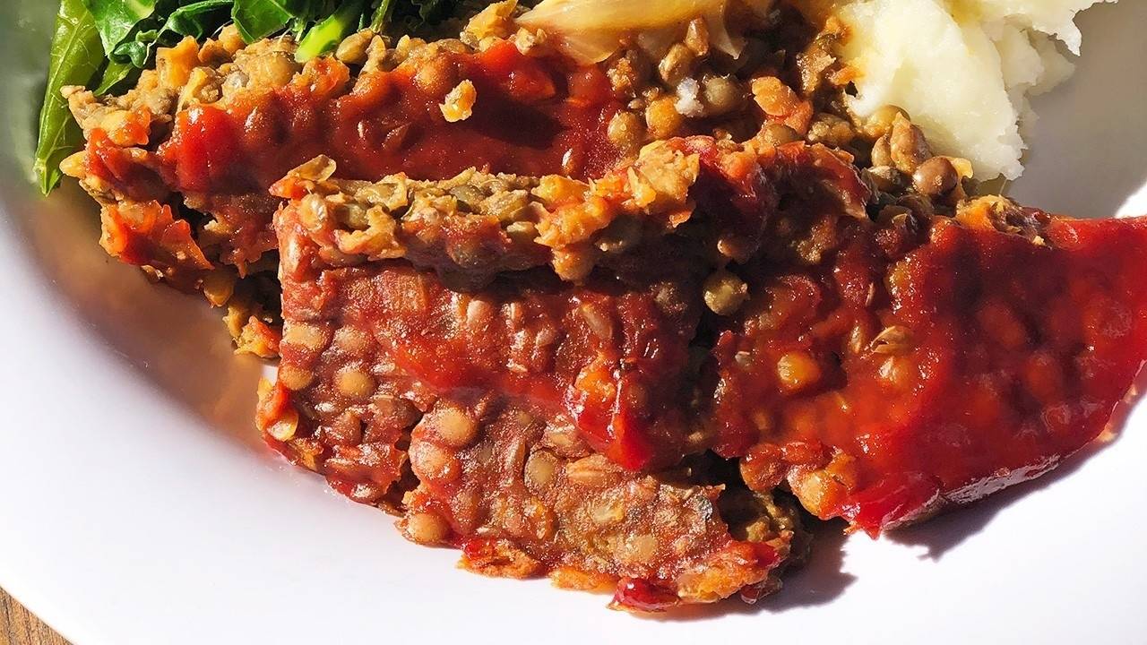 Lentil Loaf with Mashed Potatoes, Caramelized Onion and Mushroom Gravy