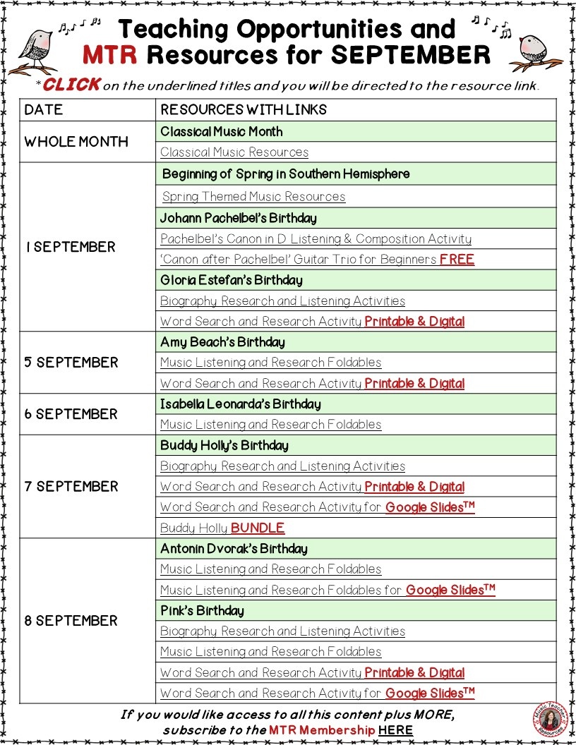 September Teaching Ideas and Resources for the Music Classroom