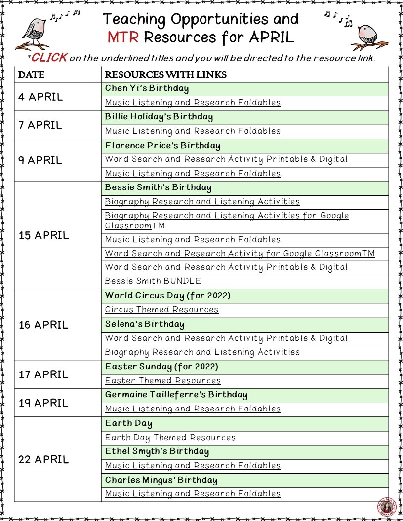April Teaching Ideas and Resources for the Music Classroom