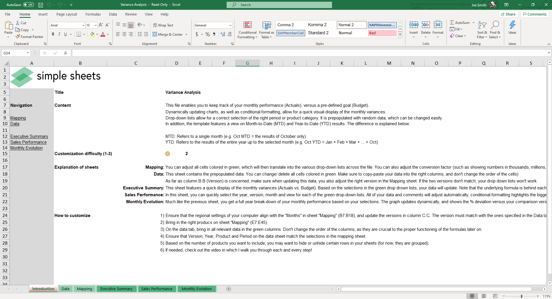Variance Analysis Excel Template Simple Sheets